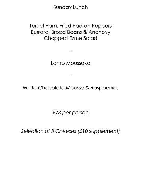 Menu at Brawn restaurant, London