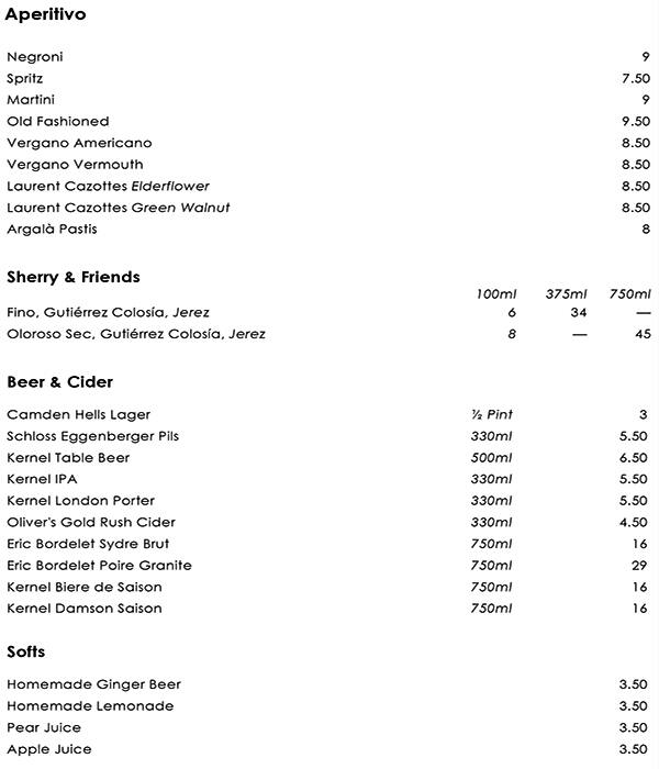 Menu at Brawn restaurant, London