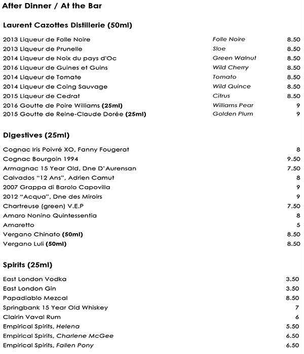 Menu at Brawn restaurant, London