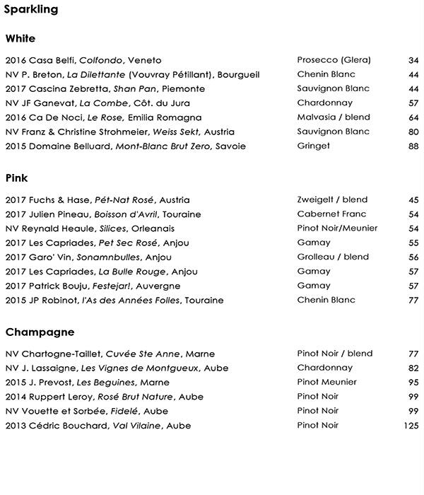 Menu at Brawn restaurant, London