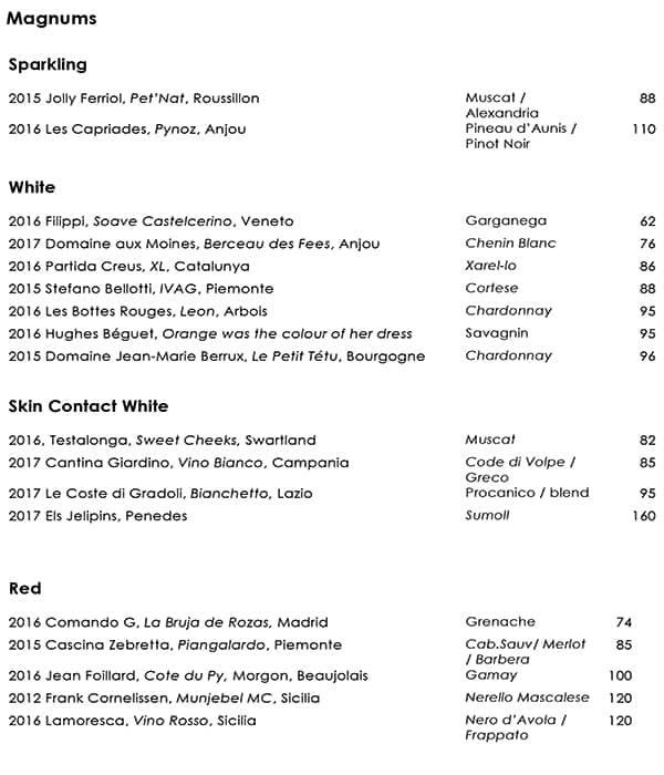 Menu at Brawn restaurant, London