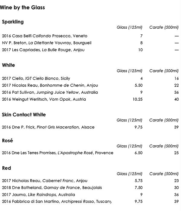 Menu at Brawn restaurant, London