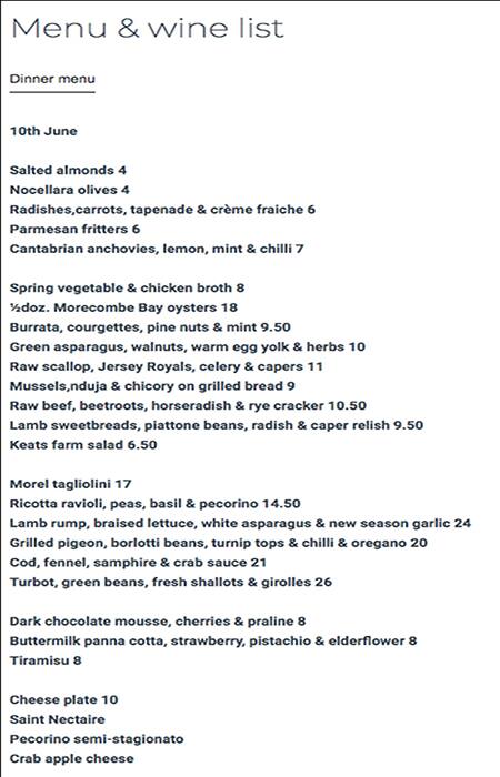Menu at Brawn restaurant, London