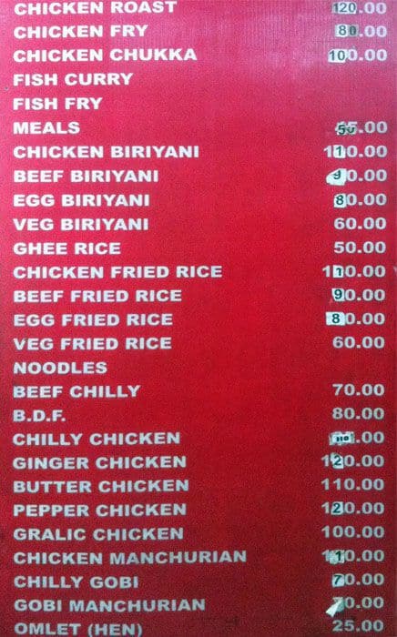 Menu at Hotel Zion, Kochi, X7HW+5F9