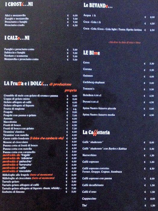 Menu at Zazà 2 restaurant, Rome