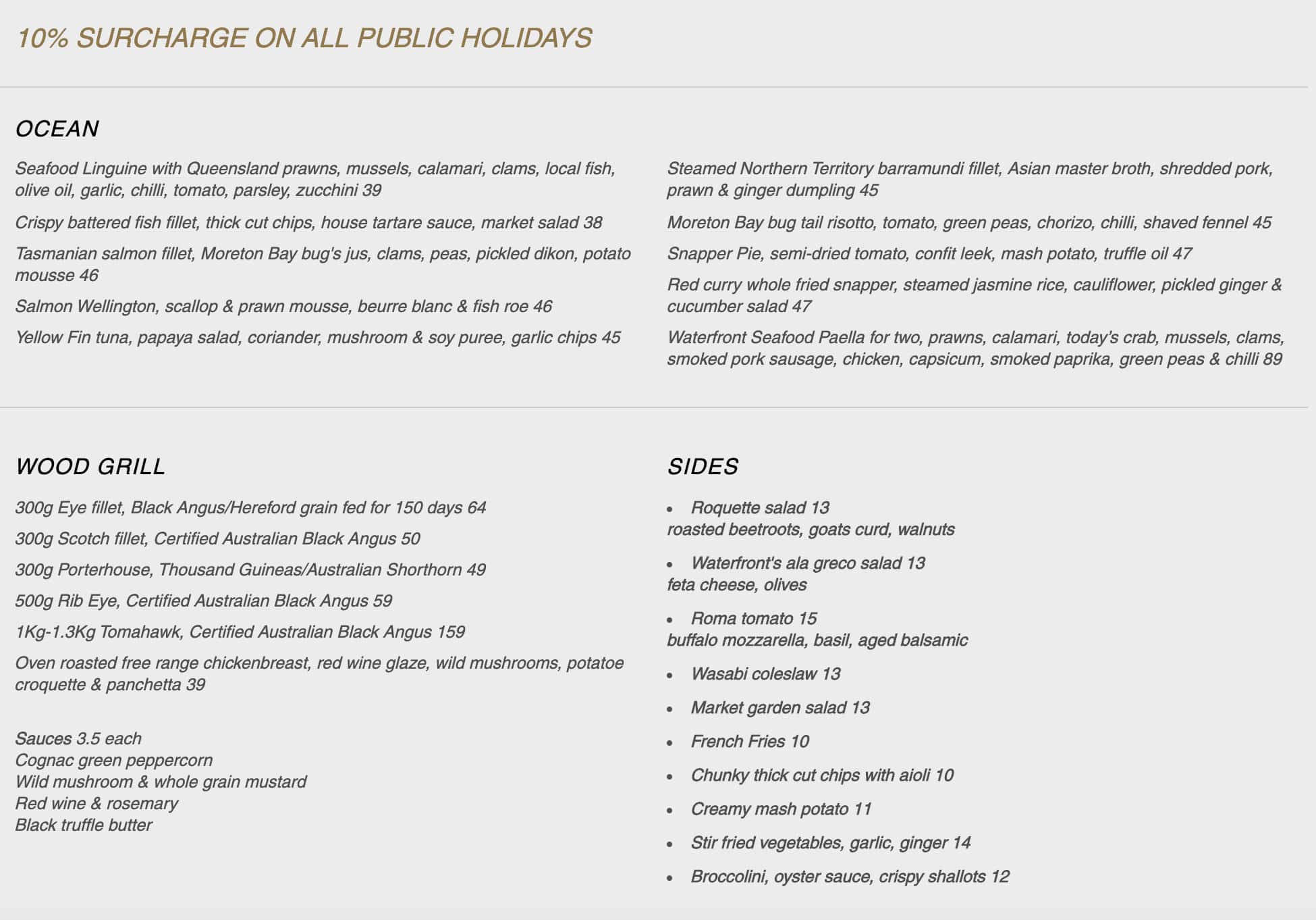 Menu at Waterfront Southgate steakhouse, Melbourne, Southgate Precinct