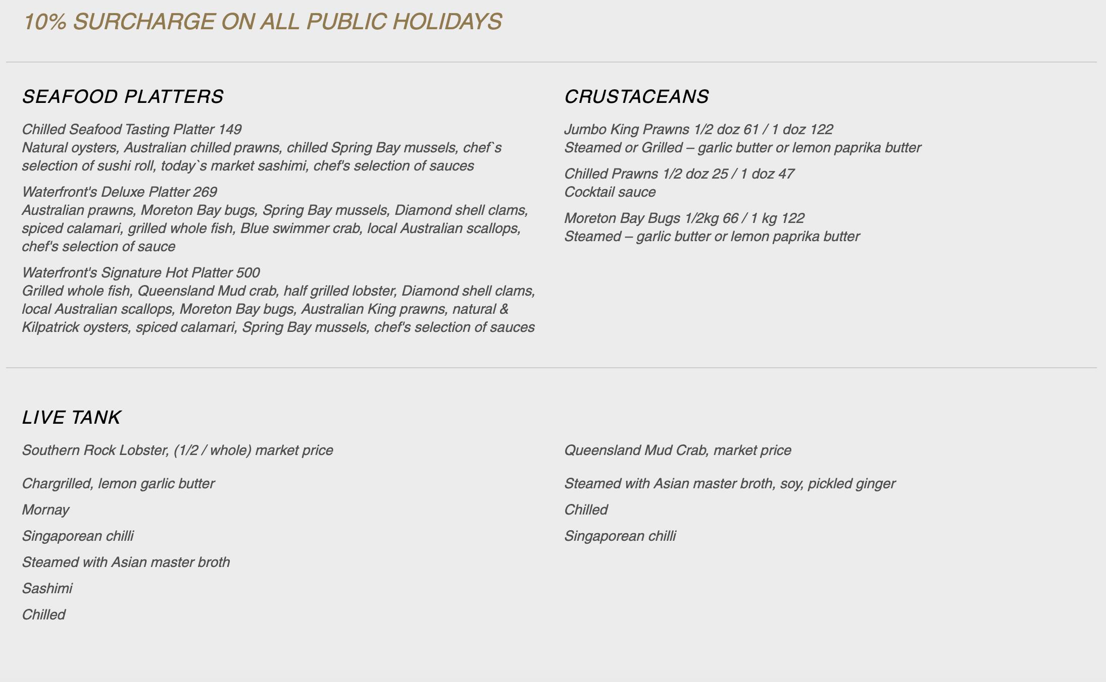 Menu at Waterfront Southgate steakhouse, Melbourne, Southgate Precinct