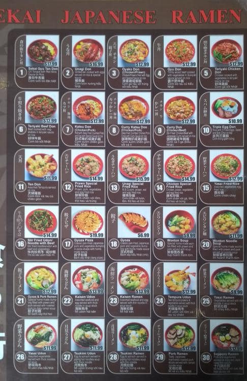 Menu at Sekai Japanese Ramen Cuisine restaurant, Footscray