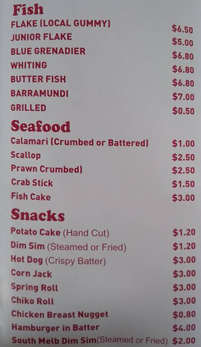 Menu at Eltham Woods Fish & Chips fast food, Eltham, 1/67 Beard St