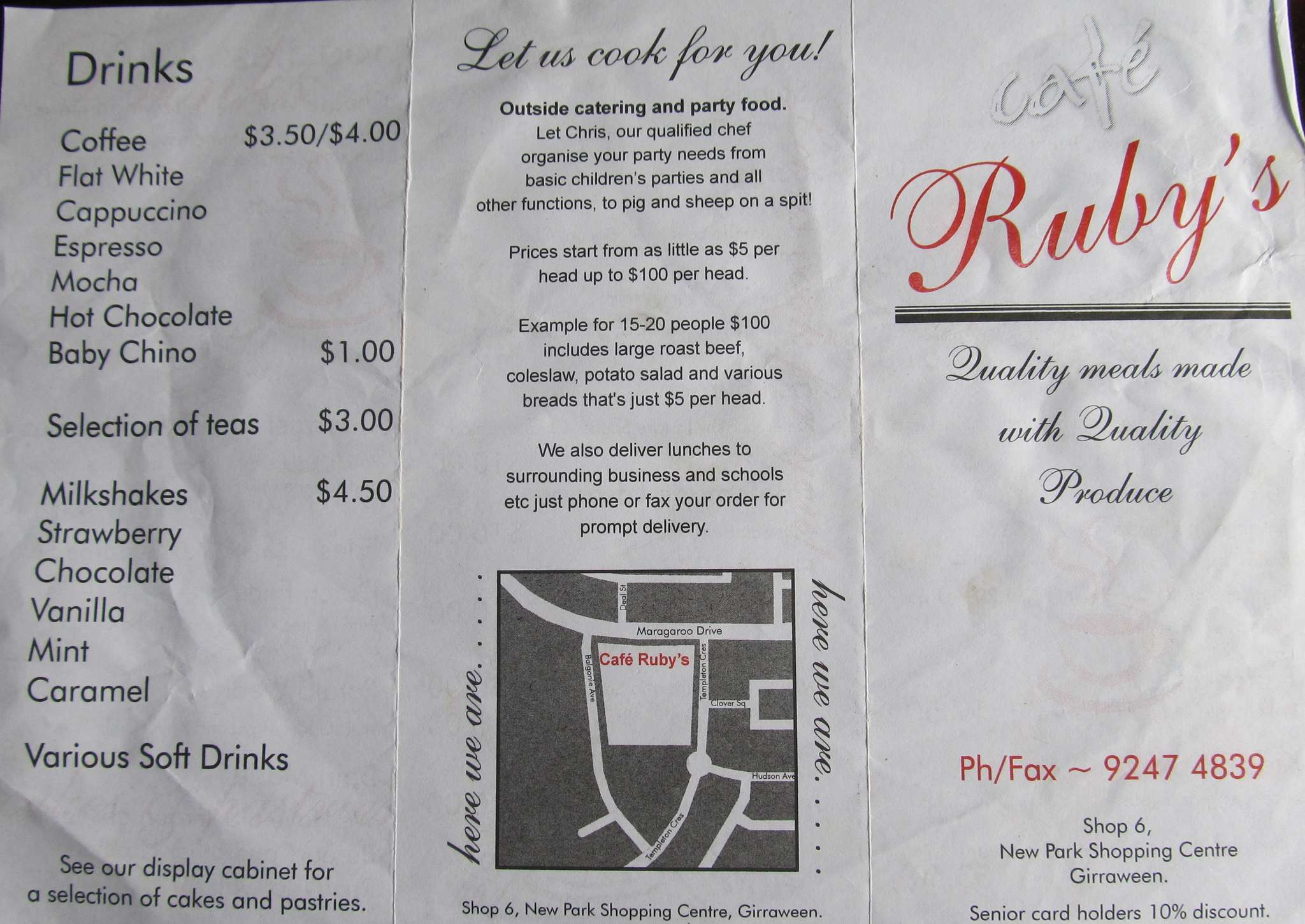 Menu at Ruby's Cafe, Marangaroo
