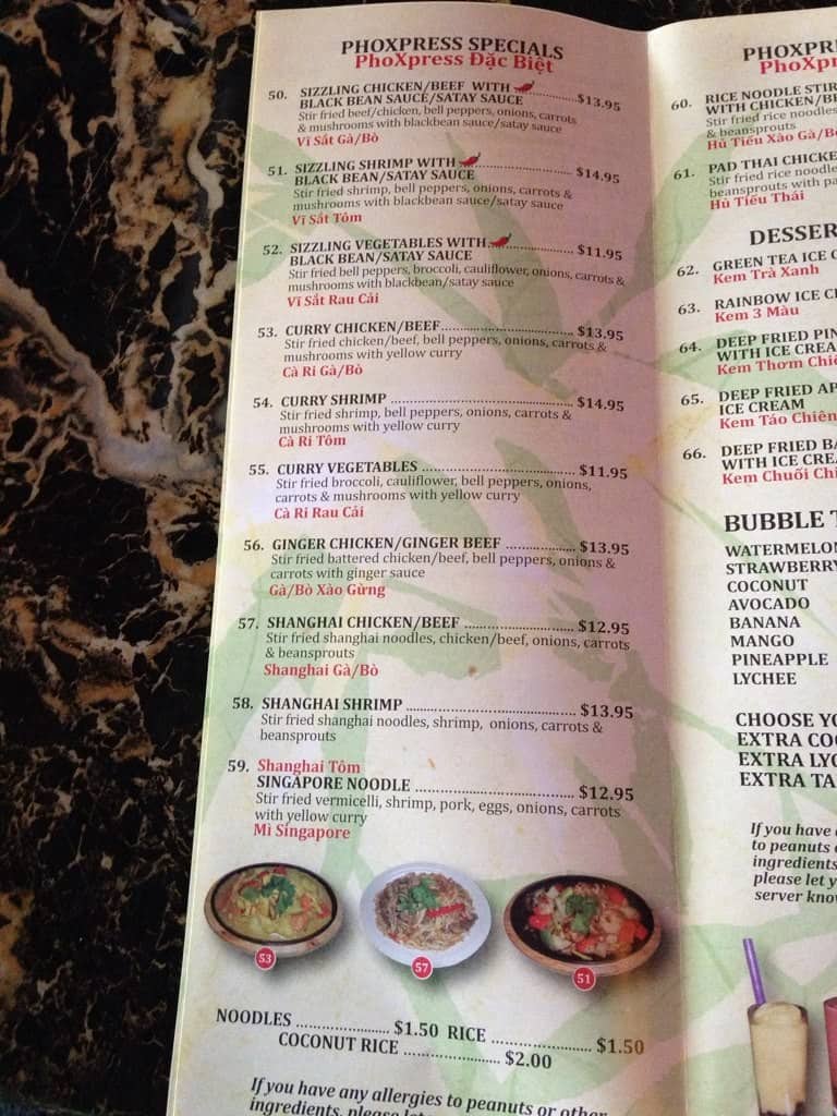 Menu at PhoXpress Riverbend restaurant, Edmonton, 436 Riverbend Square NW