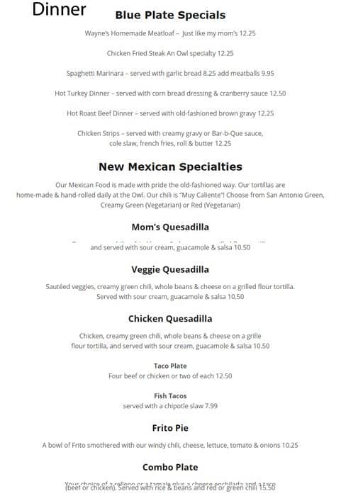 Menu at Owl Cafe, Albuquerque, 800 Eubank Blvd NE