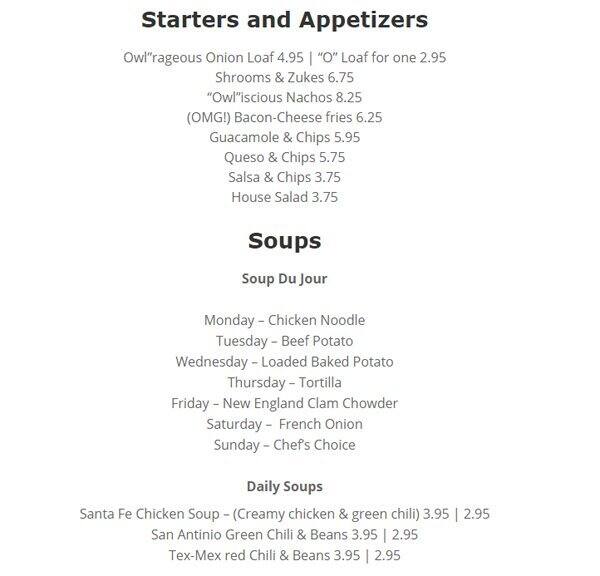 Menu at Owl Cafe, Albuquerque, 800 Eubank Blvd NE