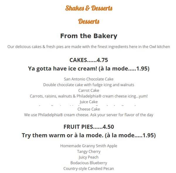 Menu at Owl Cafe, Albuquerque, 800 Eubank Blvd NE