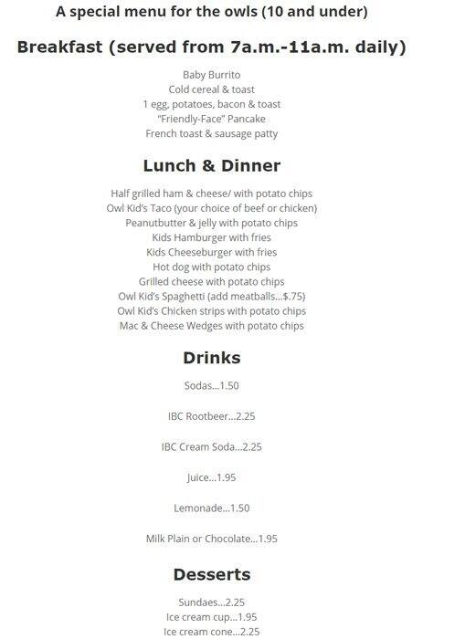 Menu at Owl Cafe, Albuquerque, 800 Eubank Blvd NE