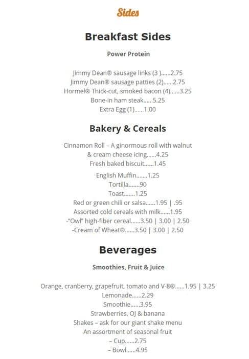 Menu at Owl Cafe, Albuquerque, 800 Eubank Blvd NE