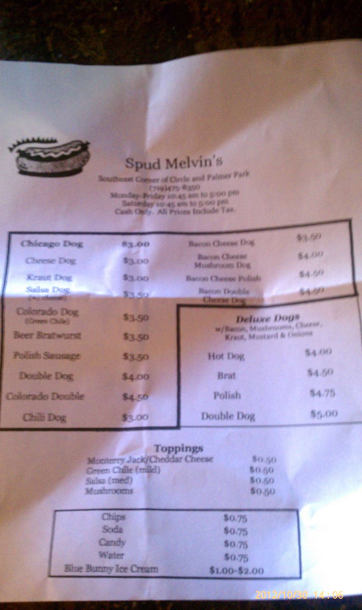 Menu at Spuds Melvins/Chicago Hot Dogs fast food, Colorado Springs