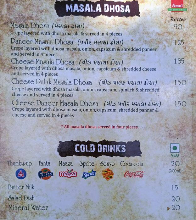 Menu at Megh Malhar Dhosa Vesu, Surat, Malhar Dhosa