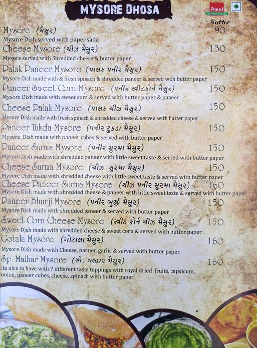 Menu at Megh Malhar Dhosa Vesu, Surat, Malhar Dhosa