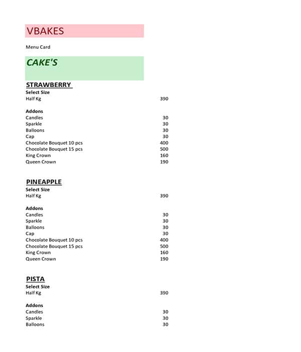 Menu at The V Bakes, Pune
