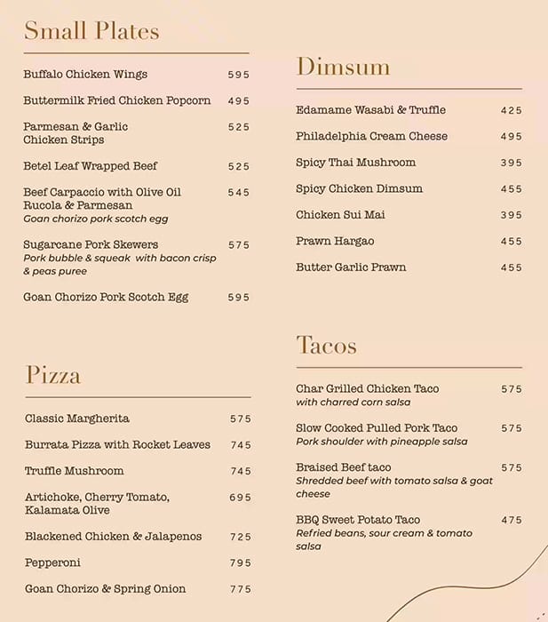 Menu at Saz on the Beach, Morjim