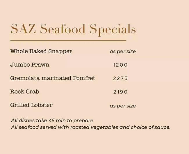 Menu at Saz on the Beach, Morjim