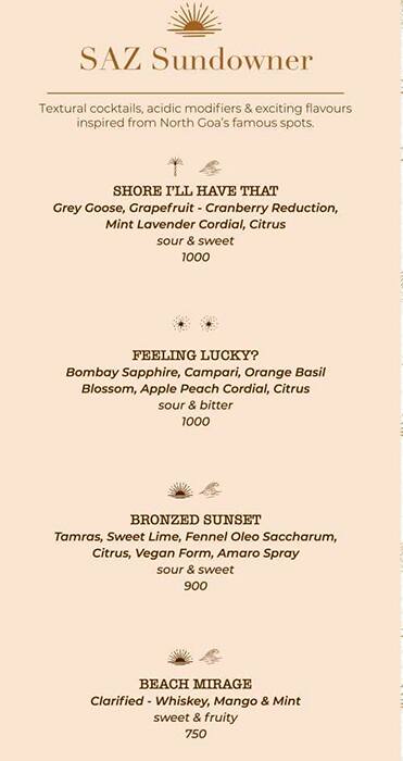 Menu at Saz on the Beach, Morjim