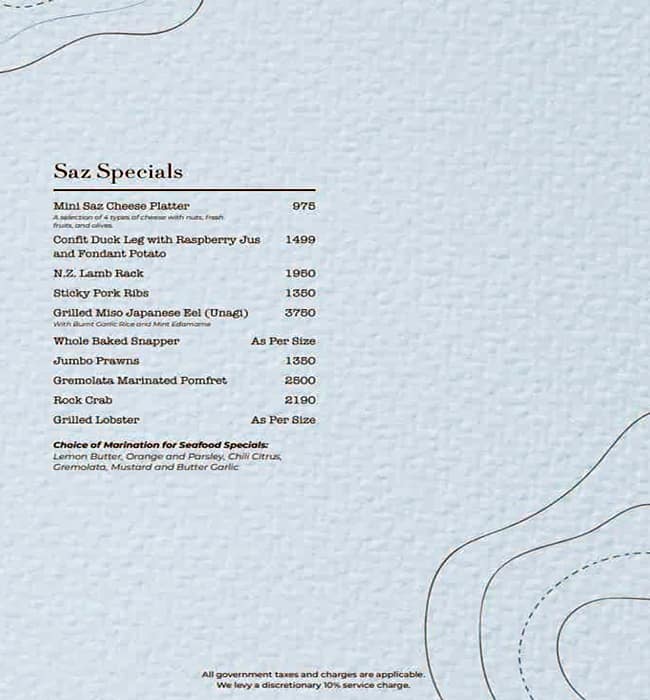 Menu of Saz On The Beach, Morjim, Goa