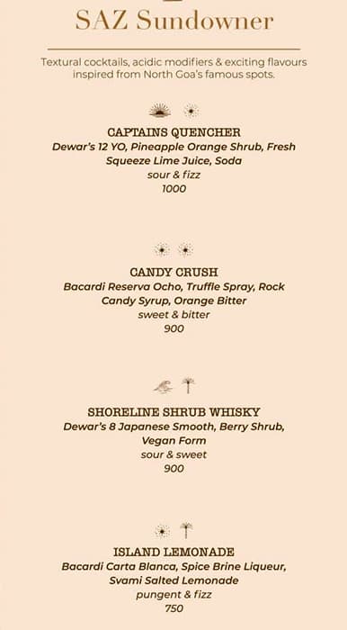 Menu at Saz on the Beach, Morjim