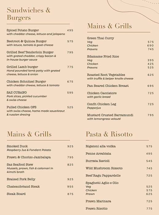 Menu at Saz on the Beach, Morjim