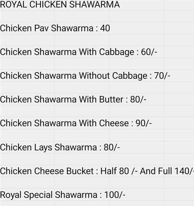 Menu of Royal Chicken Shawarma, Kalyan, Thane