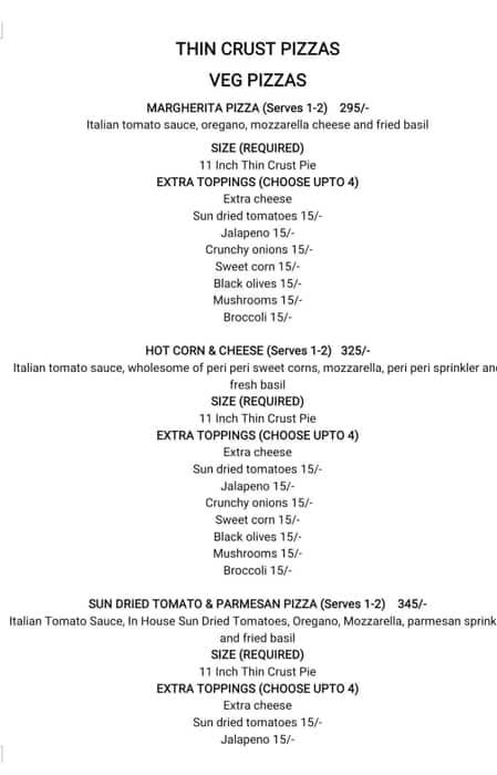 Menu of Eva's Pizzeria, Sainik Farms, New Delhi