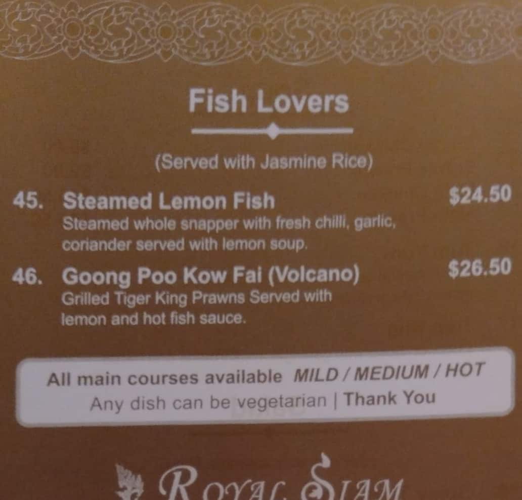 Menu at Royal Siam Thai Restaurant, Auckland