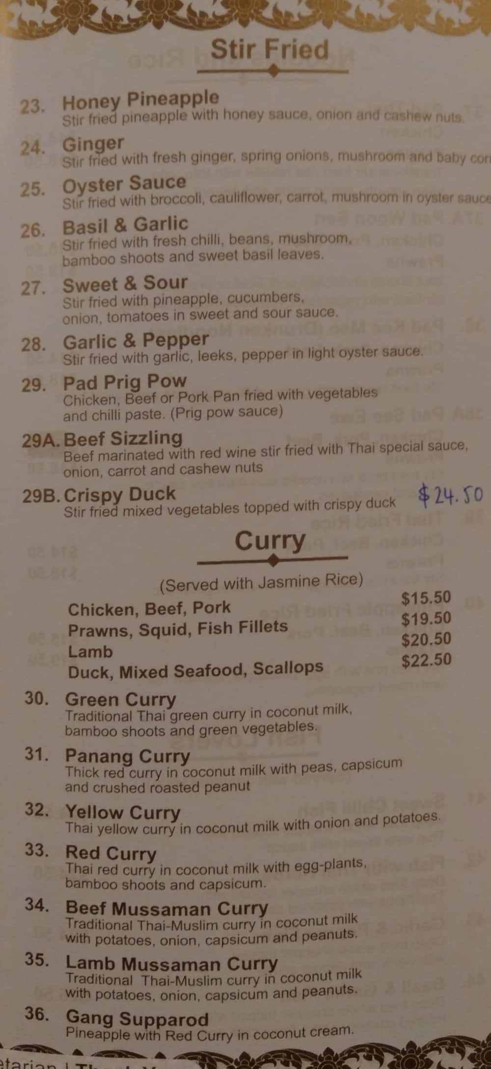 Menu at Royal Siam Thai Restaurant, Auckland