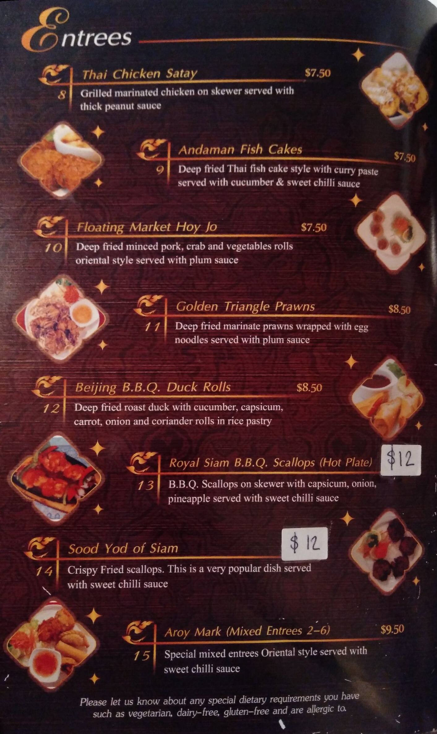 Menu at Royal Siam Thai Restaurant, Auckland