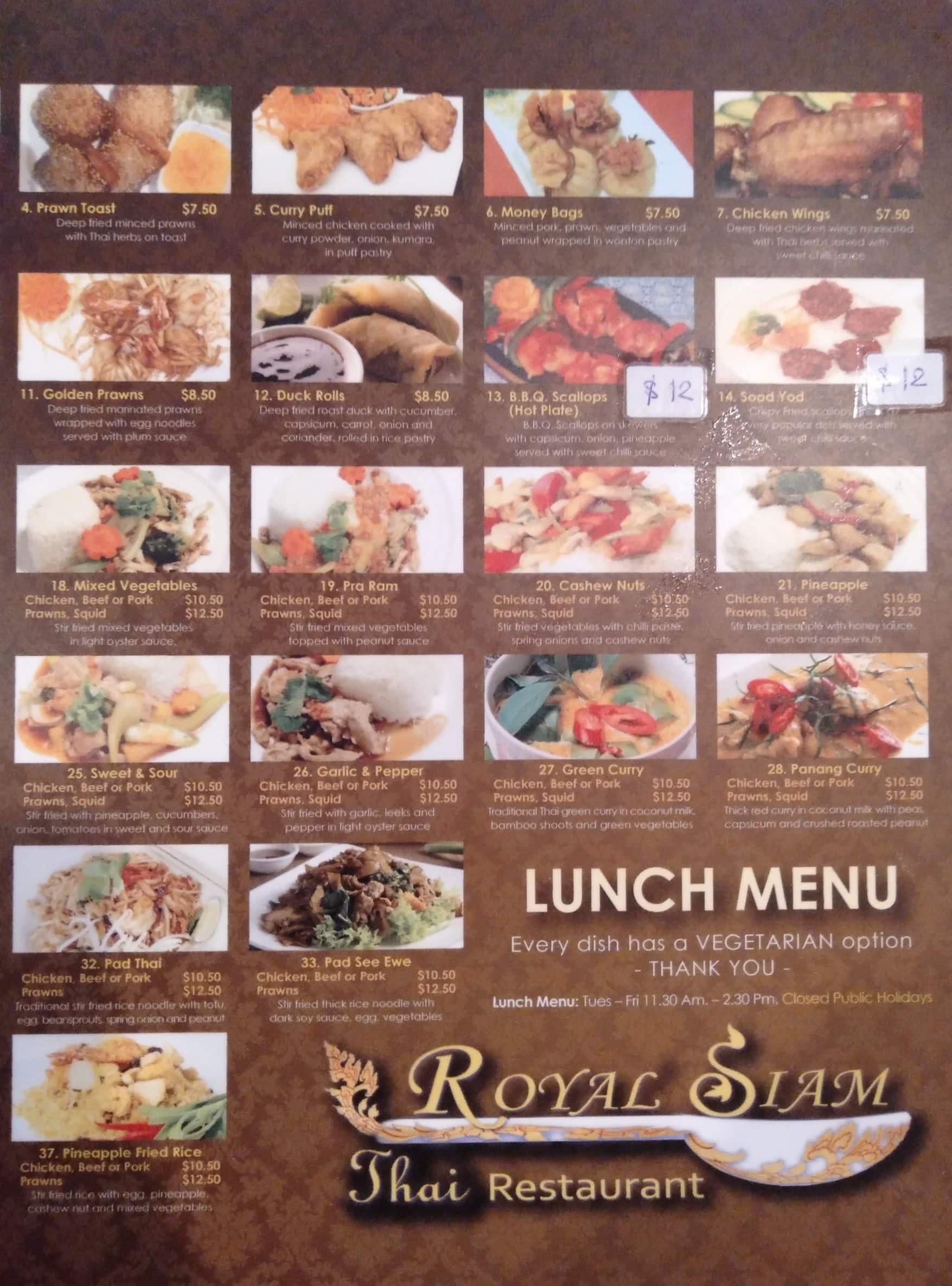 Menu at Royal Siam Thai Restaurant, Auckland