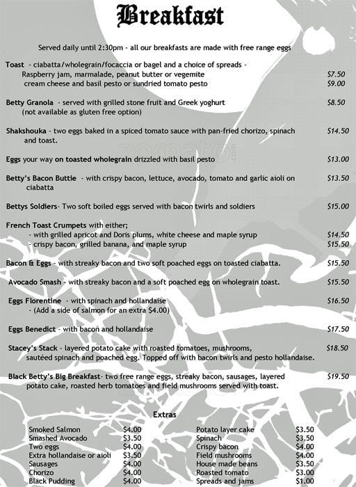 Menu at Black Betty Cafe, Christchurch