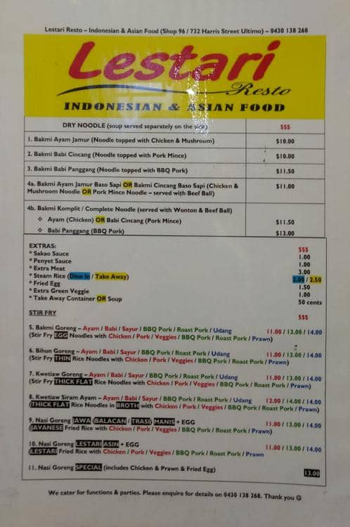 Menu at Lestari Resto restaurant, Ultimo