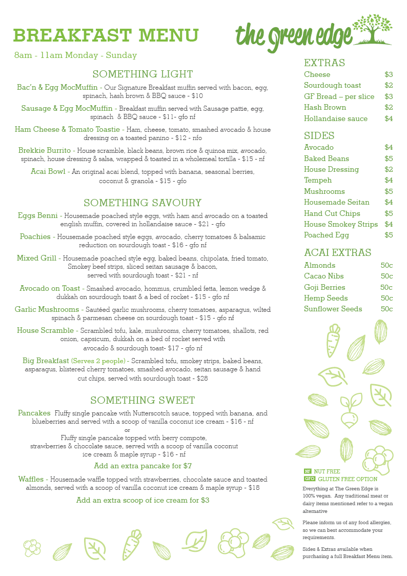 Menu at The Green Edge cafe, Windsor