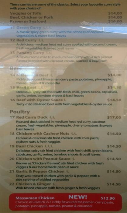 Menu at Garland Thai restaurant, Cashmere