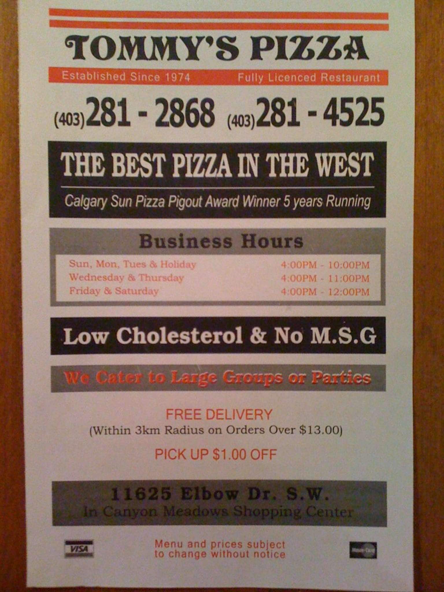 Menu at Tommy's Pizza pizzeria, Calgary