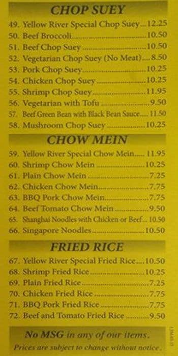 Menu at Yellow River restaurant, Port Alberni