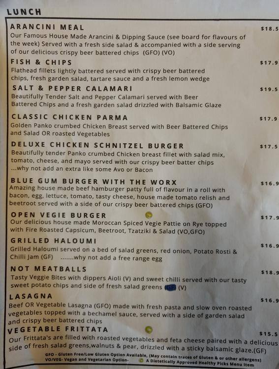 Menu at Café Blue Gum cafe, Monbulk