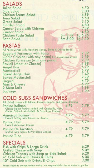 Primos Chicago Pizza Pasta Menu - Urbanspoon/Zomato