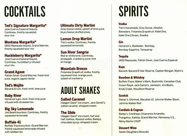 Menu at Ted's Montana Grill restaurant, Denver, Larimer St