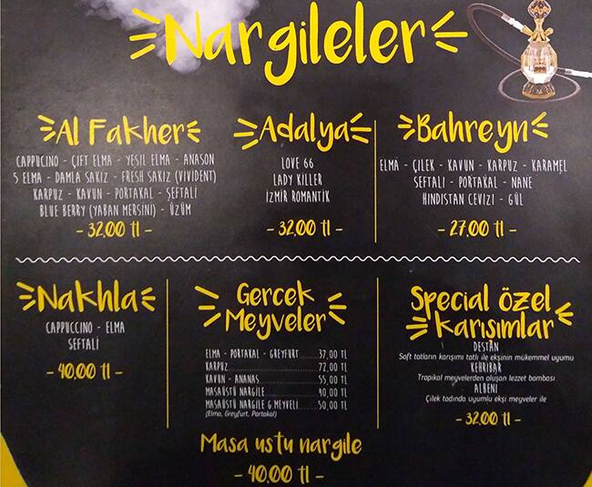 Menu at Şehr-I Destan Cafe & Nargile, Istanbul