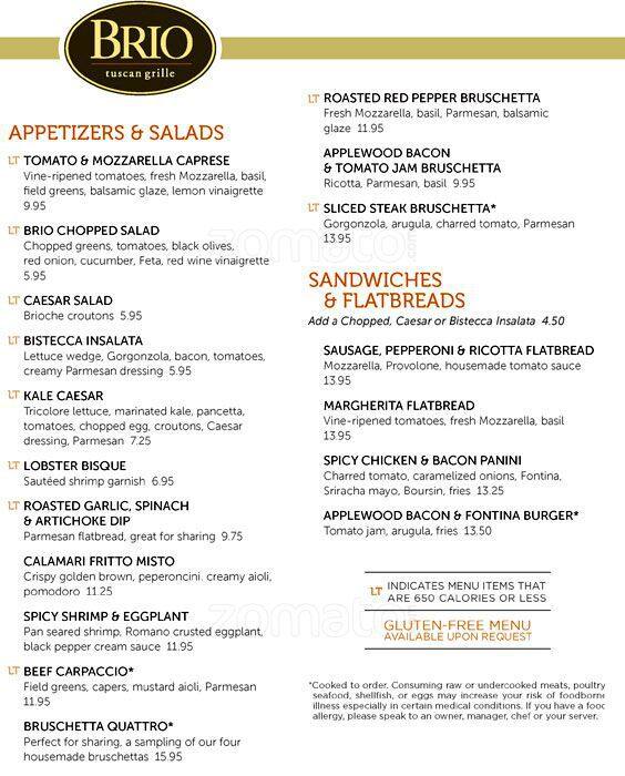 Menu at BRIO Tuscan Grille restaurant, Fairfax, Fair Oaks Mall