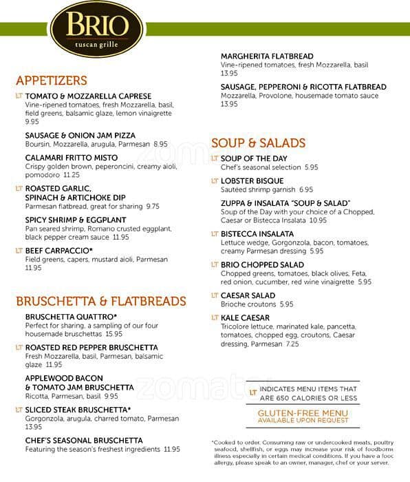 Menu at BRIO Tuscan Grille restaurant, Fairfax, Fair Oaks Mall