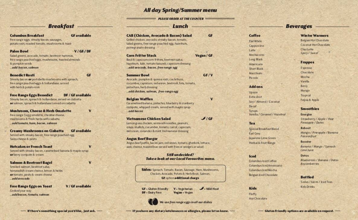 Menu at Columbus Takanini cafe, Auckland