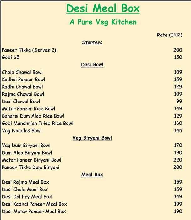 Menu of Desi Meal Box, Whitefield, Bangalore